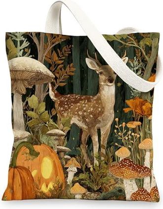 Generic Sacs fourre-tout en toile de cerf, sacs réutilisables motif animal de la forêt, sacs rustiques dautomne légers et lavables en toile pour gris, multico