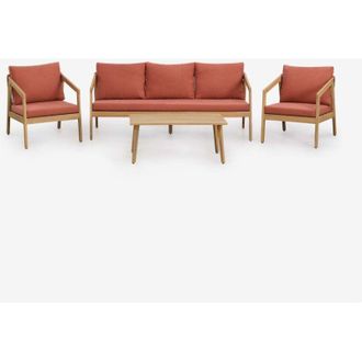 Sklum Wohnzimmerset mit 3-Sitzer-Sofa, 2 Sesseln und Couchtisch aus Akazienholz und geflochtener Kaela-Seilbindung Helles Akazienbraun