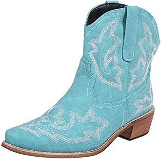 Generic Bottes de cowboy imperméables pour femme, chaussures mi-mollet, confortables et tendance avec broderie de cowgirl western pour soirée déguisée, bleu, 