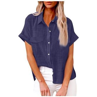 Generic Chemise en lin pour femme boutonn&eacute;e d&eacute;contract&eacute;e col en V manches courtes chemises amples surdimensionn&eacute;es en coton m&eacute;lang&eacute; haut tendance chemisier, v