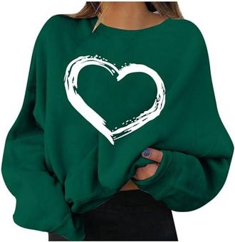Generic Pull &agrave; manches longues et col rond imprim&eacute; graphique pour femme pour la Saint-Valentin 2026, vert fonc&eacute;, M