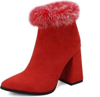 Generic Bottines Femme Bordées De Fausse Fourrure Bout Pointu Dessus en Cuir PU Durable Talons Hauts Blocs À Enfiler Chaussures Habillées Soirée,Rouge,41 EU