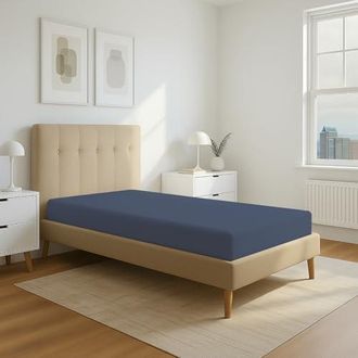 Pizuna Coton Drap Housse 90x200 cm Bleu foncé, 1000 Fils au Pouce carré, 100% Coton à Fibres Longues en Armure Satin Drap-Housse épais avec Poche de 40 cm de