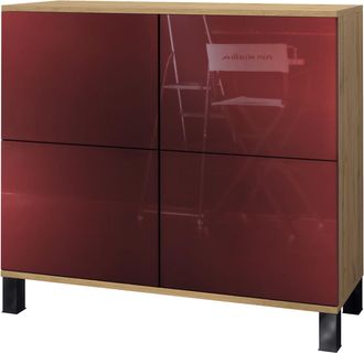 Vladon Kommode Rova V3, Moderner Küchenschrank mit 4 Push-to-Open Türen Eiche Evoke/Bordeaux Hochglanz (92,5 x 84.5 x 35)