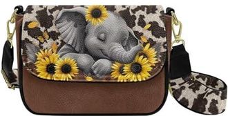 Hugs Idea Sac à main à bandoulière en cuir pour femme avec large sangle, Éléphant tournesol., Taille unique