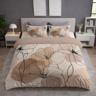 Generic Bettw&auml;sche 220 x 240 cm 3er Set Bettbezug Set Mit Kissenbezug 80 x 80 cm Braun Minimalistisch Kunst Blumenmuster Weicher und Strapazierf&auml;higer Mikrofa