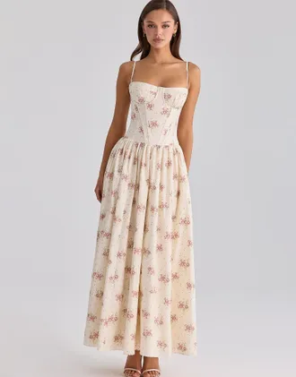 House of CB Rona - Robe longue en coton &agrave; imprim&eacute; roses vintage - Ivoire-Blanc
