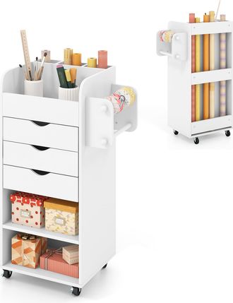 Costway GOPLUS Rollcontainer, mobiler Aktenschrank mit Rollen, Schubladenwagen mit 3 Schubladen, 2 Offenen F&auml;chern & 2 Holzst&auml;ben, Rollwagen Schubladenschrank