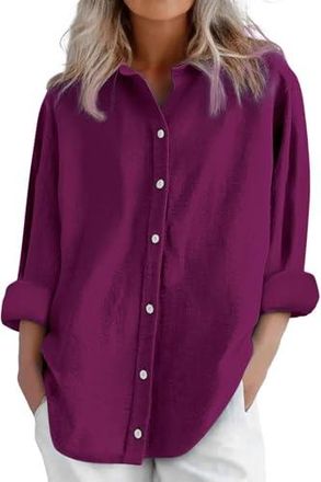 Generic Chemise unie à coupe régulière pour femme, chemisier en lin à manches longues, chemisiers, coupe ample, vêtements pour la vie quotidienne, cadeaux de 