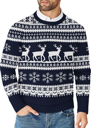 Coofandy Weihnachtspullover Herren Christmas Sweater Chunky Gestrickter Herrenpullover mit Schneeflockenmuster Fairisle Pullover für Weihnachten Navy Blau XXL