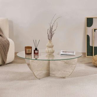 Pier Import Table basse ronde en verre pied crois&eacute; effet travertin SALTA