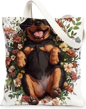 Generic Spring Rottweilers Sac fourre-tout en toile r&eacute;utilisable pour faire du shopping 33 x 38,1 cm, motif floral mignon pour femme, peinture danimaux domest