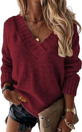 Generic Pull ample en tricot décontracté à col en V profond pour femme, col en V uni, haut tendance à manches longues, Rouge, XL