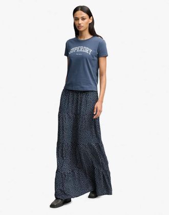Superdry jupe longue tiss&eacute;e &agrave; volants en bleu marine eclipse &agrave; petits coeurs