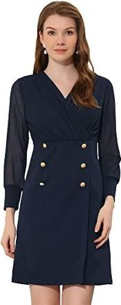 Allegra K Robe à Manches Longues élégante à col en V et à Boutons Contrastants pour Femmes Bleu foncé M