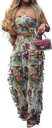 Generic Ensembles de tenues 2 pièces pour femmes ensemble de pantalons à franges à jambe droite en jacquard floral sans bretelles (Beige,M)