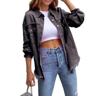 Generic Veste en jean surdimensionn&eacute;e &agrave; franges d&eacute;chir&eacute;es pour femme avec poche, gris, XXL