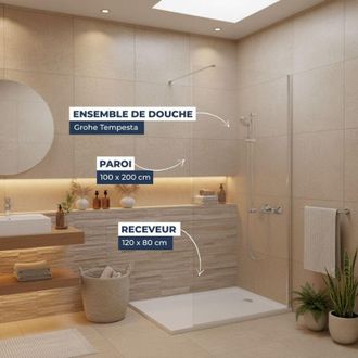GROHE Dusch-Komplettset - Walk-In Duschwand 100x200 Chrom + Grohe Tempesta 3 Strahlarten + Gussmarmor-Duschwanne Wei&szlig; 120x80