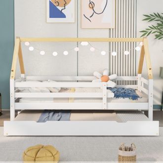 Merax Kinderbett Ausziehbett Hausbett Montessori Bett Baumhausbett Schiebebett mit Rollen unten, reines Massivholz, naturfarbener Dachstuhl, Wei&szlig;(90x200 & 9