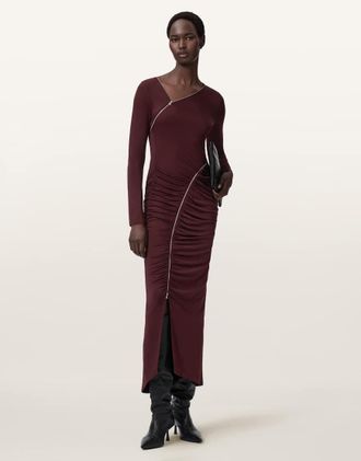 AllSaints Elsie - Kleid in Ochsenblutrot mit Rei&szlig;verschluss