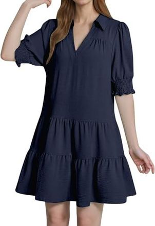 Generic Robe d&eacute;contract&eacute;e pour femme avec col &agrave; revers et manches mi-longues pliss&eacute;es et col en V pour femme, robe d&eacute;t&eacute; 2026, robe ample, robe ample pour femm