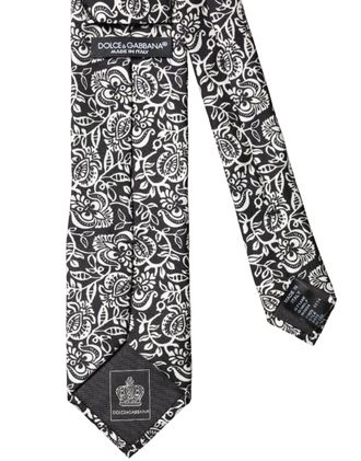 Dolce & Gabbana Mens Black White Floral Fantasy Silk Adjustable Necktie Tie And