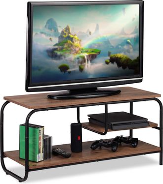 Relaxdays TVBoard, Industrie Design, Receiverablage, Stauraum CDs, DVDs, Fernsehtisch HxBxT 43x90x35 cm, braun/schwarz