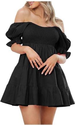 Generic Robe amincissante &agrave; volants pour femme - Jupe &agrave; manches courtes, Noir, M