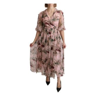 Dolce & Gabbana Femme, Robes, Rose, Taille: 34 FR Robe Maxi en Soie Rose avec Imprimé Chat Bengal
