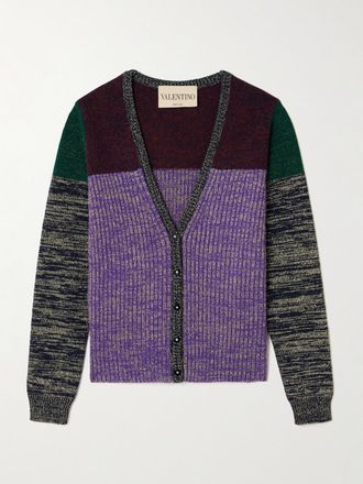 Valentino Garavani Cardigan En Laine M&eacute;lang&eacute;e C&ocirc;tel&eacute;e M&eacute;tallis&eacute;e - Violet