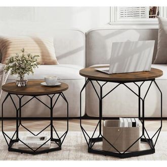 Woltu Woltu - Lot de 2 Tables Basses Gigognes Table de Salon, Table dAppoint, Table de Caf&eacute; Rond,Plateau en Bois Composite, Cadre Noir en M&eacute;tal,Effet de