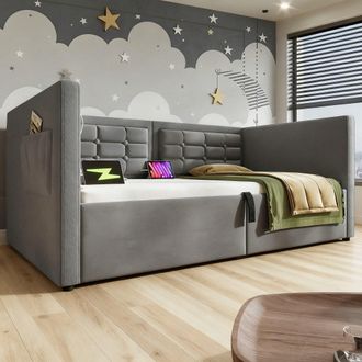 Generic Sofabett 90x200 cm - Polsterbett mit hydraulischem Stauraum & USB/Type-C-Ladestation - Graues Samt-Schlafsofa inkl. Holzlattenrost (ohne Matratze), id