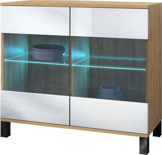 Vladon Kommode Bari V3, Moderner K&uuml;chenschrank mit 2 gro&szlig;en Glast&uuml;ren inkl. RGB Beleuchtung Eiche Evoke/Wei&szlig; Hochglanz (92,5 x 84.5 x 35)