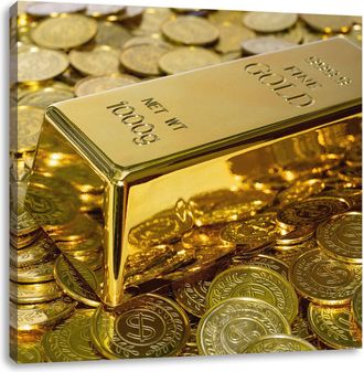 Pixxprint Goldbarren zwischen Goldmünzen, Größe: 40x40 cm, Leinwandbild Quadratisch, Wandbild, Kunstdruck, fertig bespannt