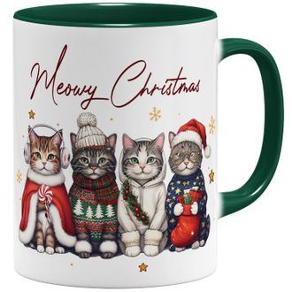 OM3 Meowy Christmas Kaffee-Tasse mit s&uuml;&szlig;en K&auml;tzchen - Weihnachtstasse 4 Katzen - Keramik Becher - 325ml - Beidseitig Bedruckt - Gr&uuml;n