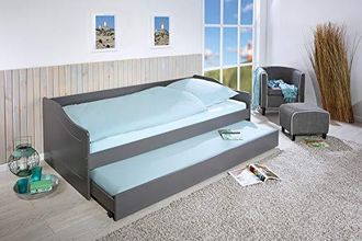 Inter Link SAS Lit Gigogne Avec Rangements, Tiroir Sur Roulettes, Banquette - 2 Couchages 90 x 200 cm - Bois Massif - Sans Matelas Ni Sommier - Gris - Malte