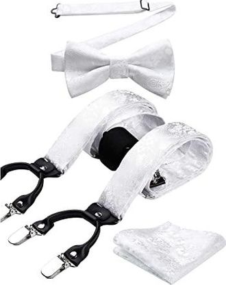 Hisdern Bretelles Homme Vert et Noeud Papillon Mouchoir Paisley Réglable en Forme de Y avec 6 Clips Braces Suspender Set