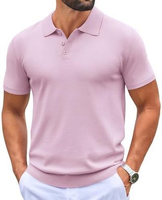 Coofandy Polos &agrave; Manches Courtes pour Homme D&eacute;contract&eacute;e Chemises d&eacute;t&eacute; Boutonn&eacute; Polo T-Shirt Basique Rose L