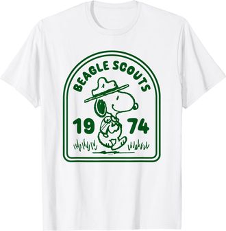 Peanuts Weißes Cartoon-T-Shirt mit Beagle Scouts Abzeichen, Unisex Erwachsene, Kurzarm, S