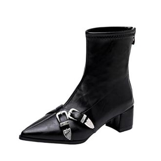 Generic Bottines mi-mollet pour femme &agrave; talon &eacute;pais &eacute;l&eacute;gant avec boucle &agrave; bout pointu et fermeture &eacute;clair dans le dos - Confortables - Style d&eacute;contract&eacute; au qu