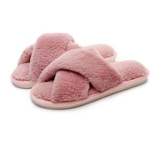 Generic Pantoufles pour femmes Bout ouvert Cross-Strap Fleece doubl&eacute; Chaud Doux Confortable moelleux L&eacute;ger Respirant Mousse &agrave; m&eacute;moire de forme Pantoufles anti