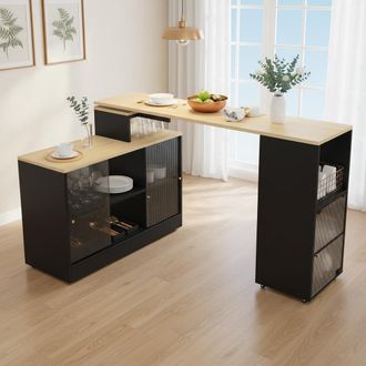 Merax Ausziehbarer Bartisch mit Stauraum, Beweglicher Bartisch Beistelltisch Stehtisch Bistrotisch K&uuml;chentheke K&uuml;chenbartisch, Drehung ohne Heben, Schwarz/1