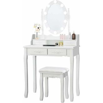 Costway Coiffeuse avec 10 Ampoules, Table de Maquillage avec Tabouret, Miroir Ovale, Interrupteur et 4 Tiroirs, 75x40x145cm Blanc - Costway