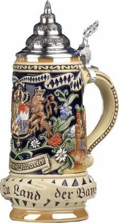King Bierkrug Bayern Seidel, Staatswappen vorn, seitlich M&uuml;nchen und Neuschwanstein, Motto Gott mit Dir, Du Land der Bayern 0,5 Liter Bierseidel KI 393 0,5