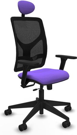 Piqueras y Crespo Stuhl mit 3D-Armlehnen, h&ouml;henverstellbarer Lendenwirbelst&uuml;tze und festem Kopfteil, ausgestattet mit Syncro/Traslack und Schneideschaum. Schwarz/Lila