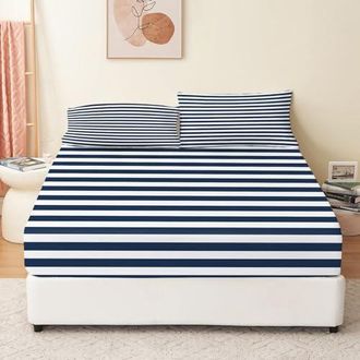 Generic Drap Housse Rayures Bleu Marine 90 x 190 cm avec Bonnet 30 cm Drap Housse Matelas Epais Microfibre Brossée avec Une Rebord Élastique Multicolore