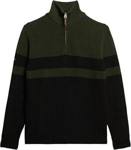 Superdry Pull classique surdimensionn&eacute; en coton avec demi-fermeture &eacute;clair pour femme avec rayures noir/vert olive L