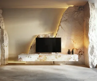 DELIFE Lowboard Cuor 200 cm Keramik Minas Melange Wei&szlig;-Beige 1 Klappe 1 Schubfach Schwebend, Lowboards