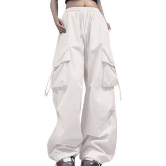 Generic Pantalon cargo surdimensionn&eacute; pour femme - Coupe ample - Taille &eacute;lastique - Cordon de serrage - Jambe large avec poches, blanc, XXL