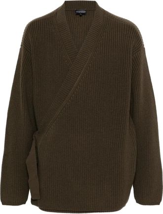 Emporio Armani cardigan côtelé à design drapé - Marron